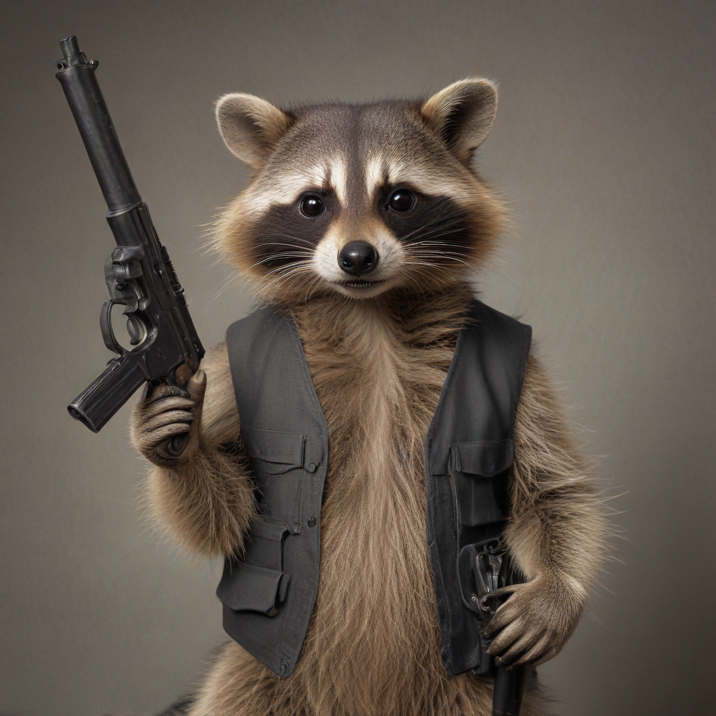 Confused raccoon holding a gun