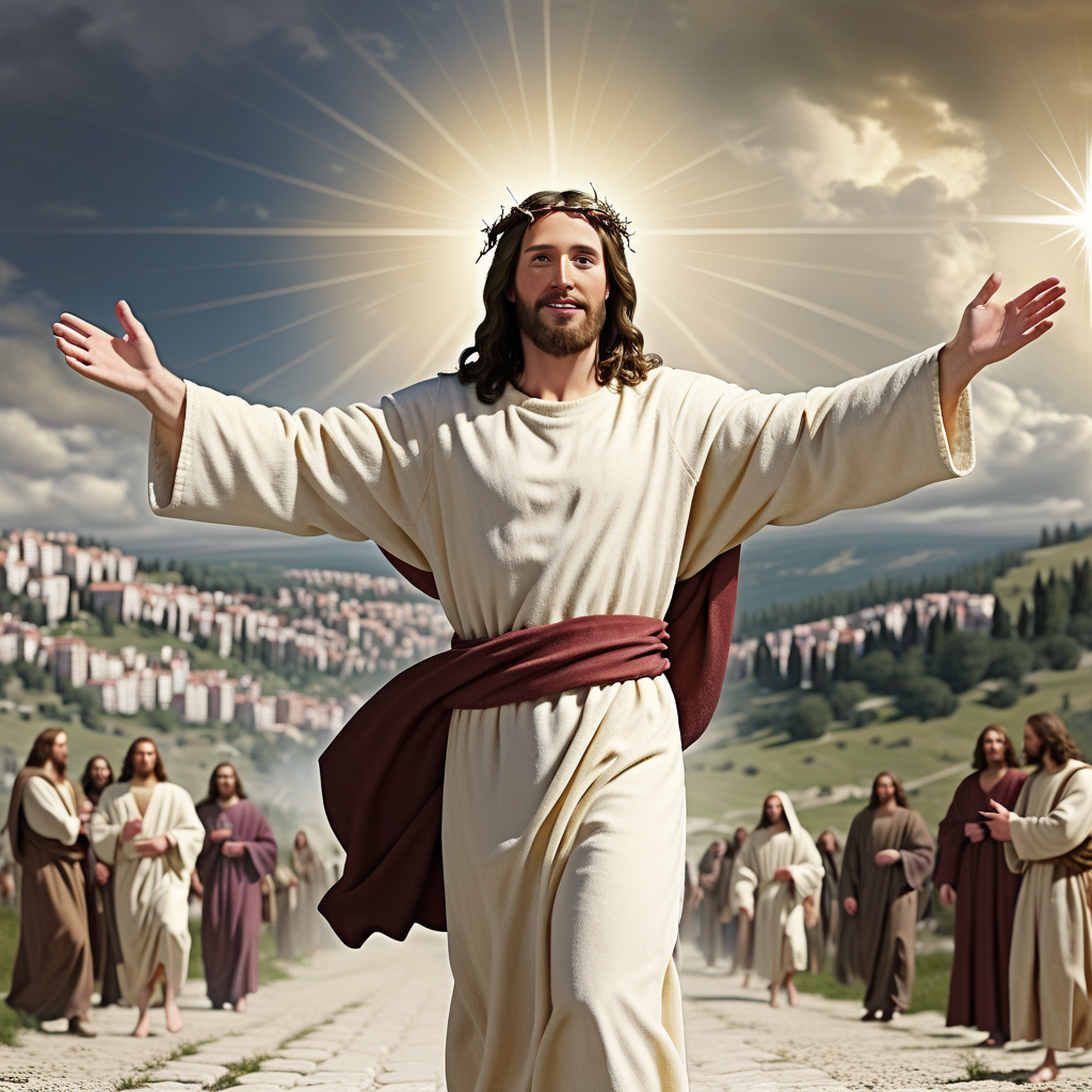 Jesus Christ Welcoming His Followers with Open Arms on a Sunny Day