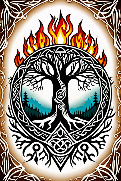Viking Norse tree of life Yggdrasil with fire coming from the to the ...