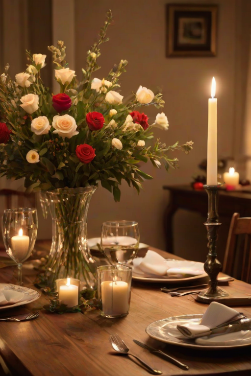 An Elegant Dinner Table Set with Flowers, Candles, and Fine Dinnerware