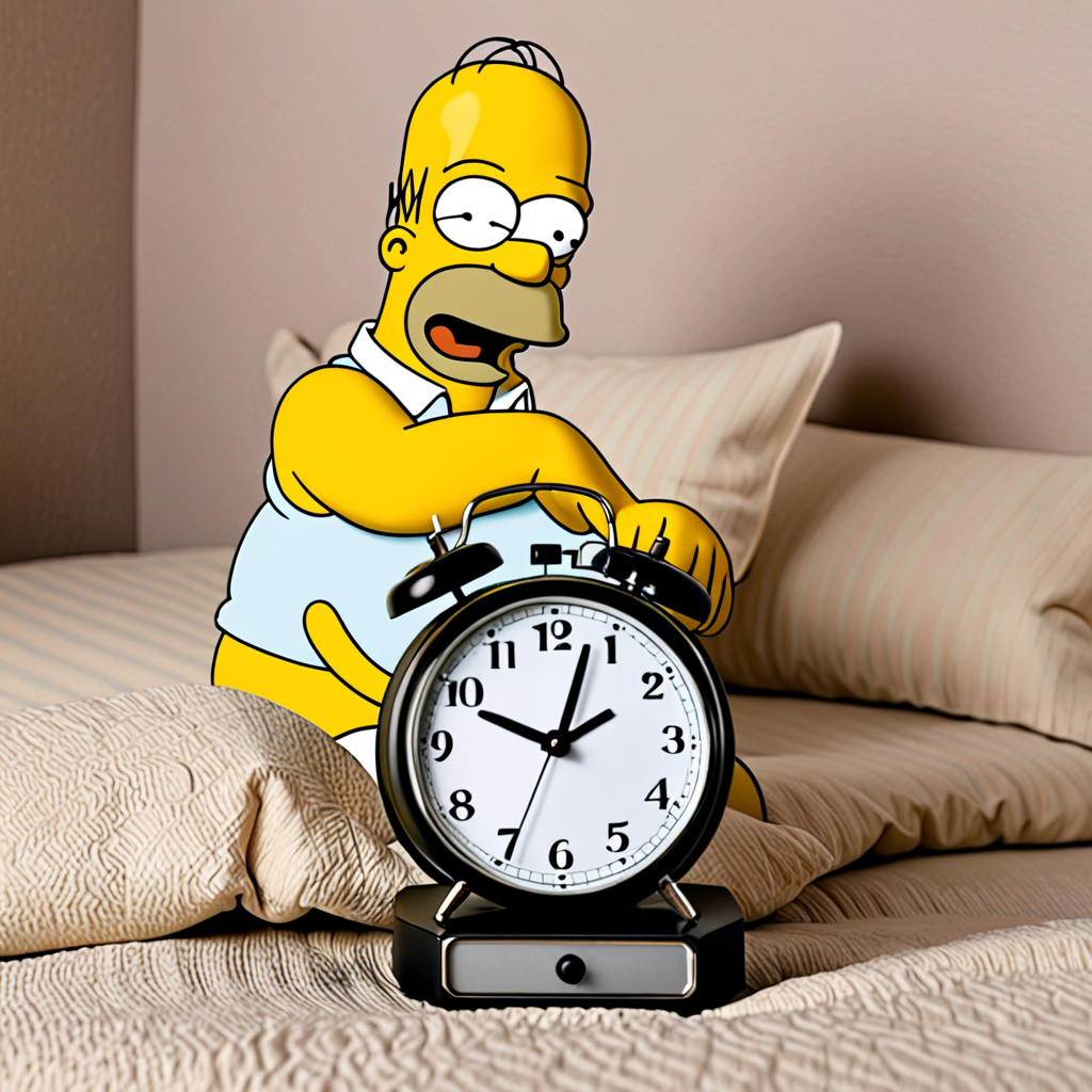 Homer simpson in bed with a ringing alarm clock, simpsons style