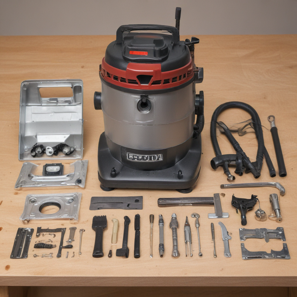 vacuum cleaner taken apart for repair on workbench