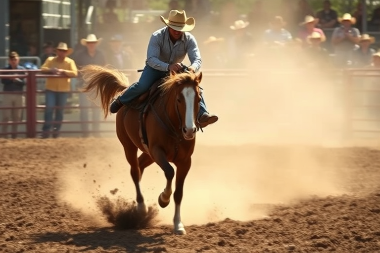 Exciting Rodeo Action: Cowboy Skillfully Rides a Bucking Horse in Arena