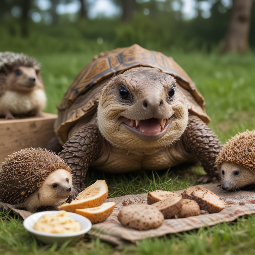 hairy turtle with big teeth having a picnic with hedgehogs
