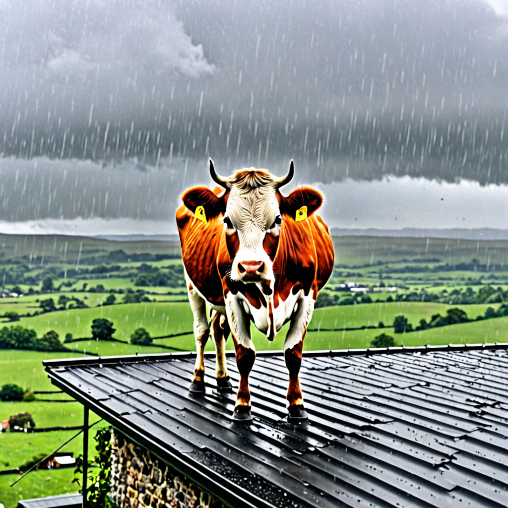 cow on roof in rain