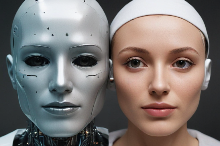 HUMAN FACE HALF HUMAN AND HALF ROBOT IN HAMONY