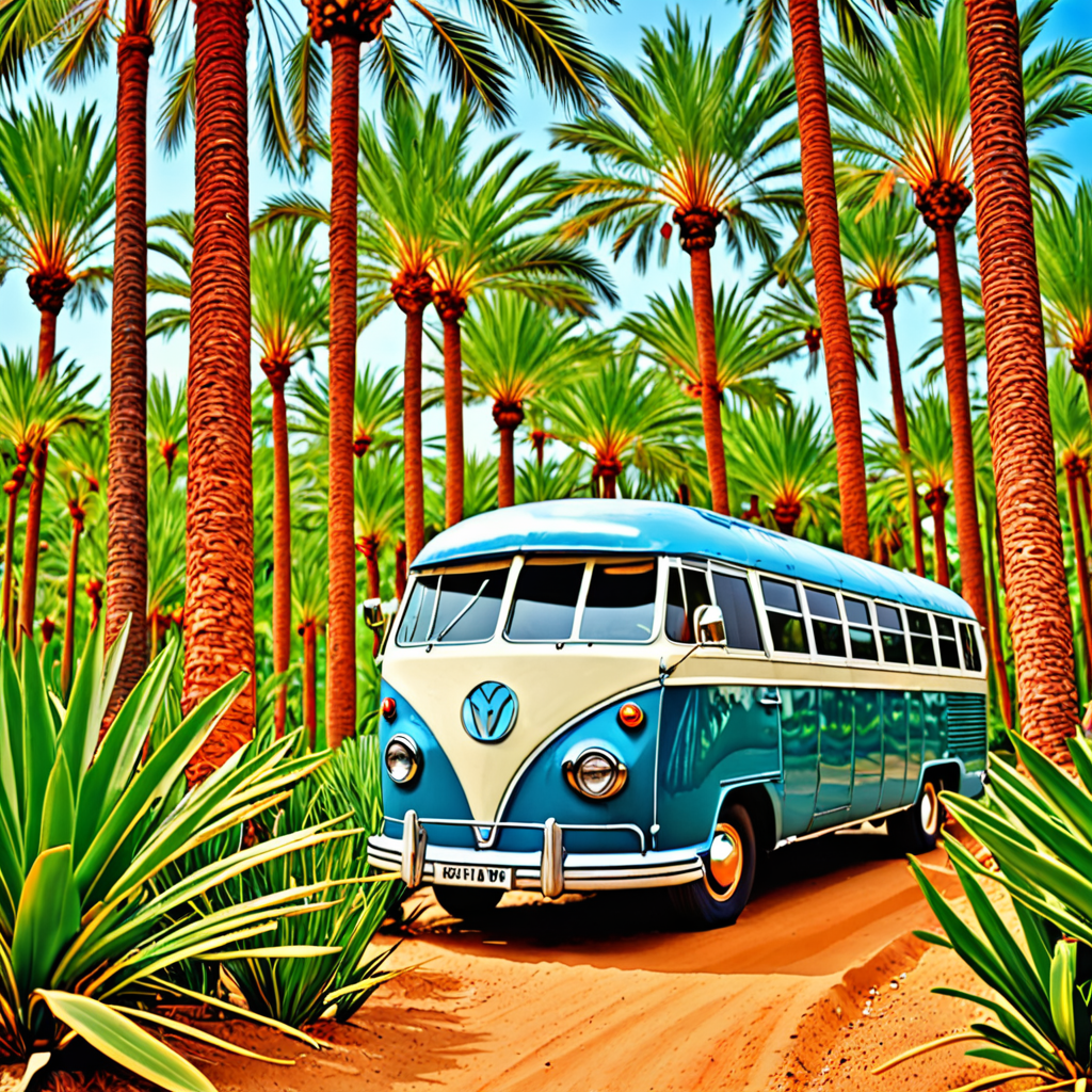 electronic blues bus in palm tree forest naive