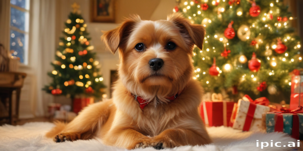 A Festive Dog Relaxing in a Cozy Holiday Living Room Setting.