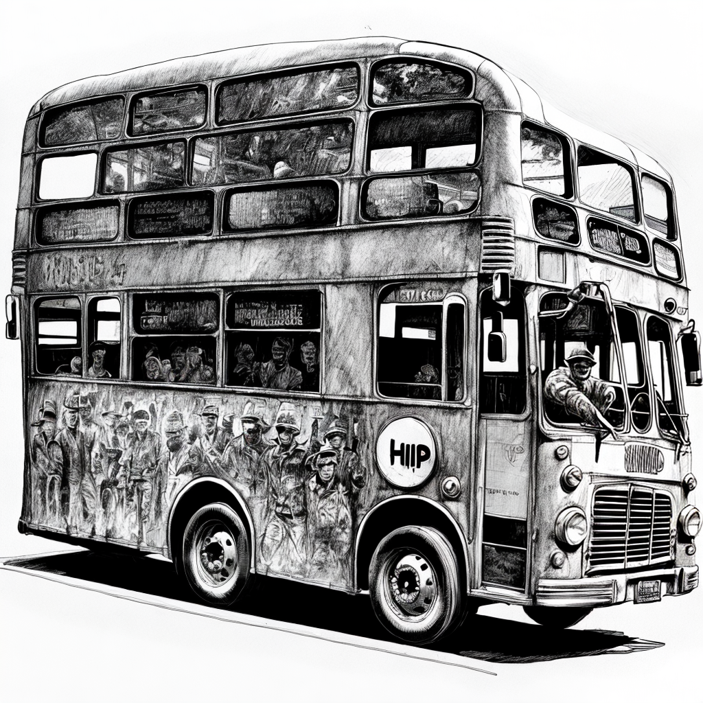THE hip hop BUS in the street. COMIC BOOK. SKETCH STYLE. BLACK AND WHITE.