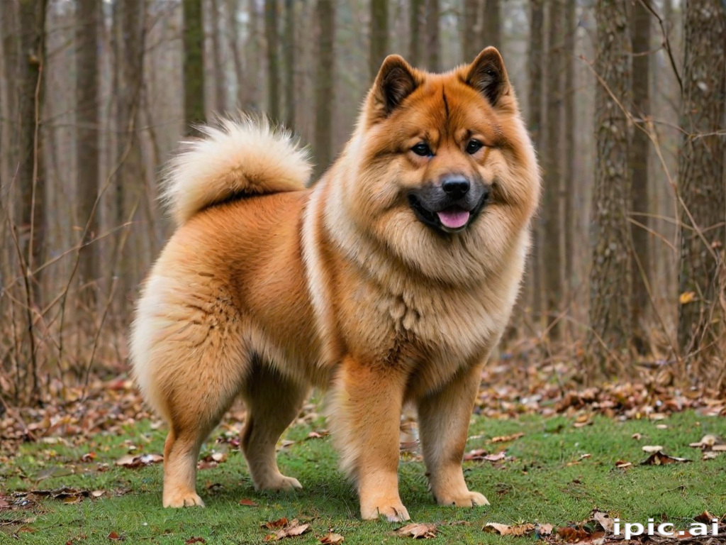 A Playful Chow Chow Dog Standing Proudly in a Serene Forest Setting.