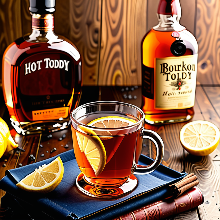Warm and Inviting Hot Toddy with Bourbon Bottles and Fresh Lemon Slices