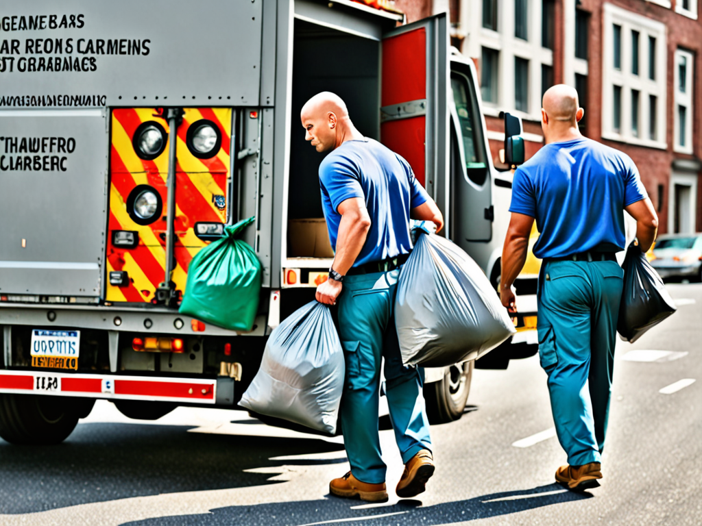 realistic handsome bald muscular garbagemen from behind carrying brown ...