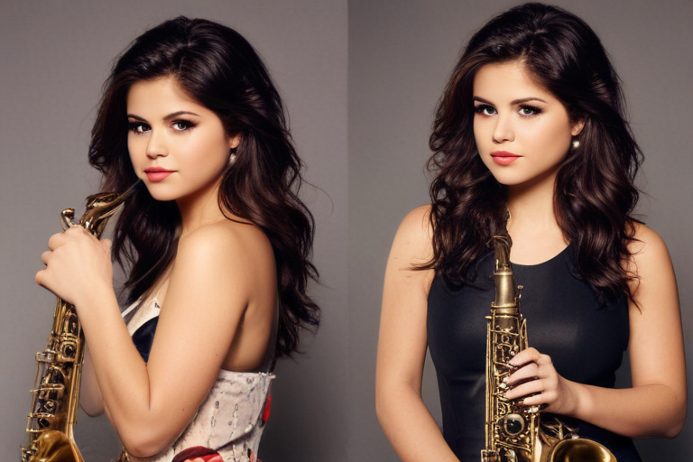 Elegant Young Woman Posing Confidently with a Beautiful Saxophone