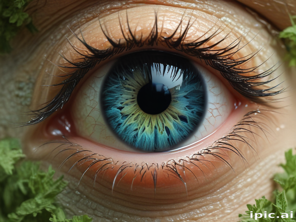 A Close-Up of a Beautifully Detailed Eye Surrounded by Greenery.