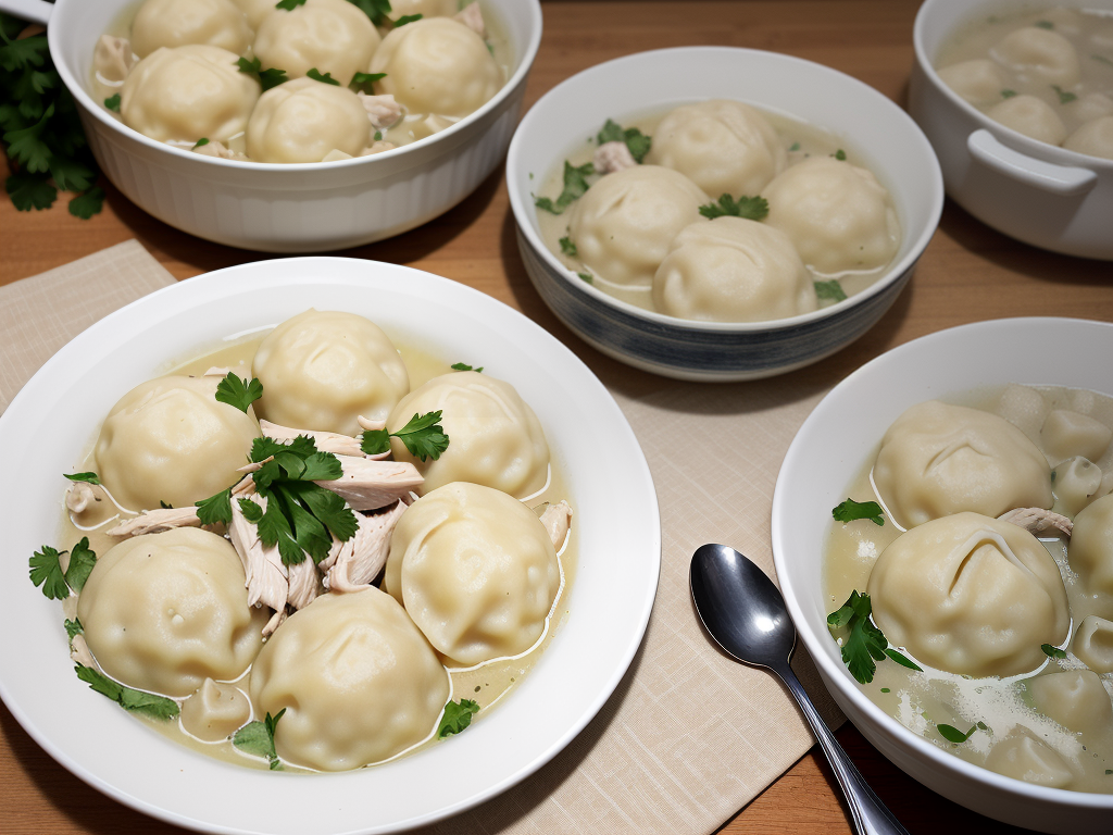 Delicious Bowls of Steamed Dumplings Served with Chicken Broth and Herbs