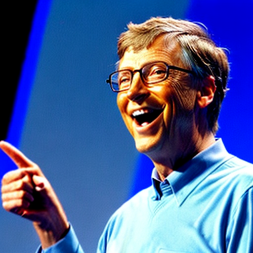 Bill gates laughing and pointing at blue screen windows