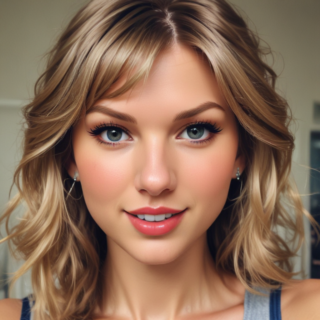 musician Taylor Swift selfie face and realistic smiling