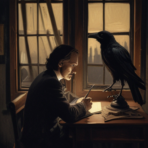 Edgar Allan Poe, sitting in eerie dimlit room, writing story, a dark ...