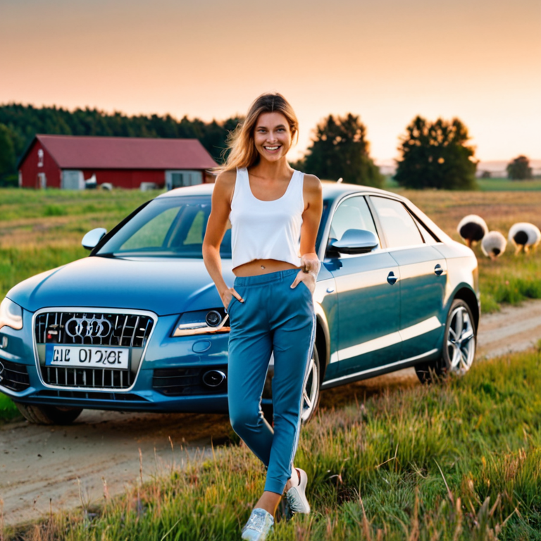 Car, Women, field, sunset, hairy arms, pants, black arm hairs, full ...