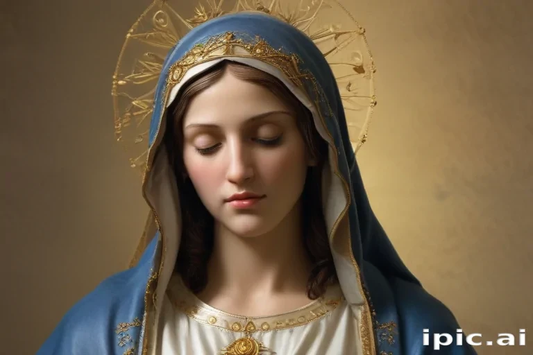 Serene Depiction of the Virgin Mary in Elegant Blue and Gold Attire