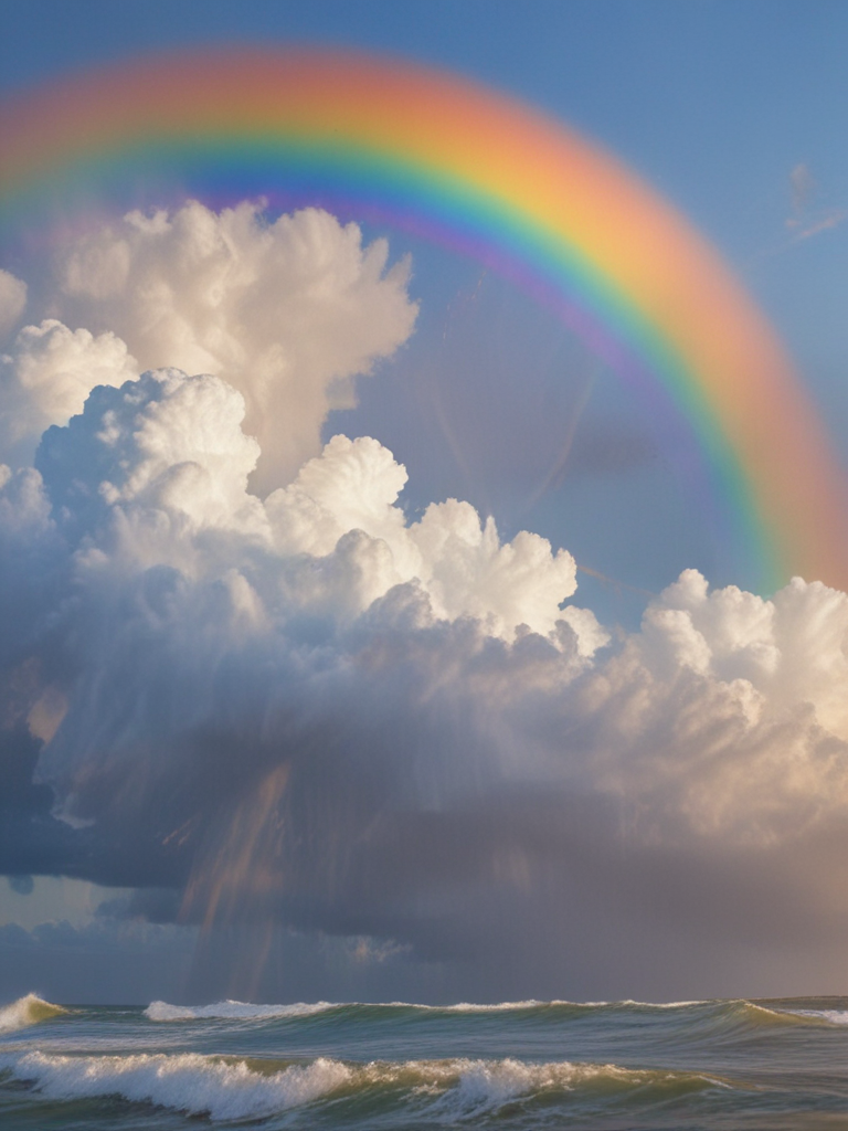 A Vibrant Rainbow Arching Over the Ocean Amidst Dramatic Cloud Formation