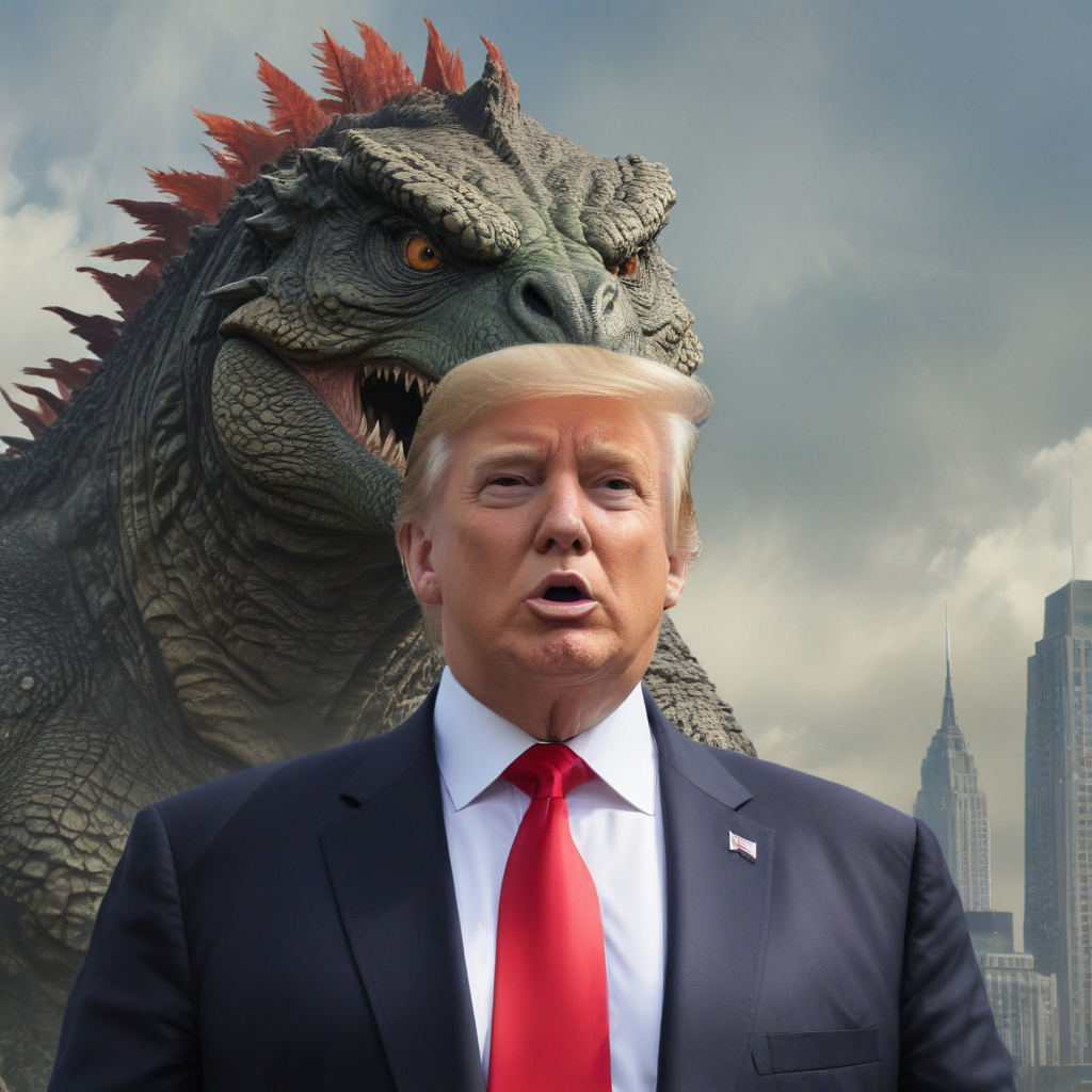 Erstelle mir ein Bild mit Trump als Godzilla