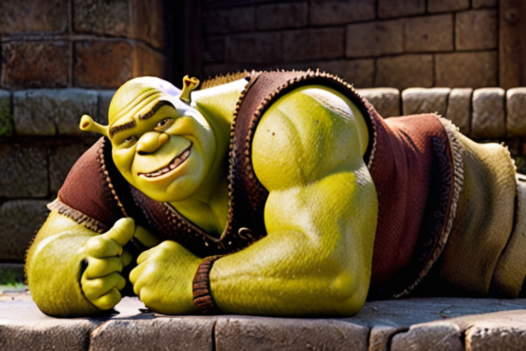 Buff Shrek laying on the side of his body posing with his head on his hand