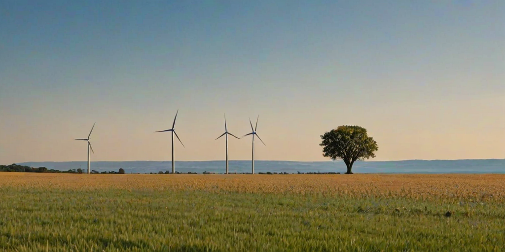 Serene Landscape Featuring Wind Turbines and a Solitary Tree Under ...