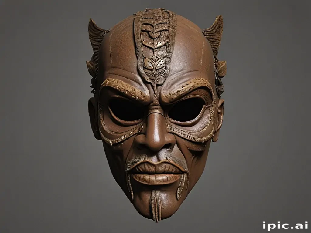 Intricate Brown Mask with Horns and Detailed Facial Features