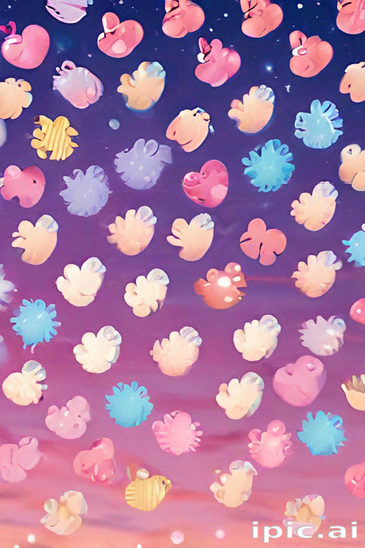 A Colorful Array of Cute Cartoon Creatures Floating in a Dreamy Sky.