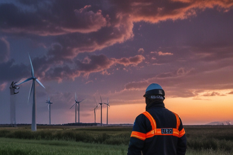 WIND MILLS AT NIGHT WITH MAN IN SAFETY JACKET SUNSET HD QUALITY