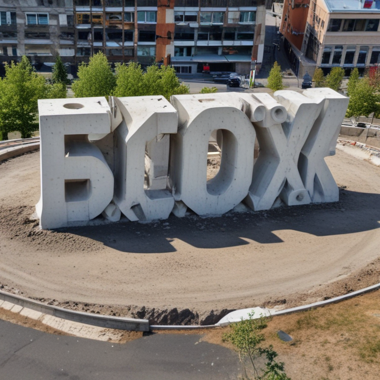 Huge concrete letters "SOLX" in the center of a city with a huge blast ...
