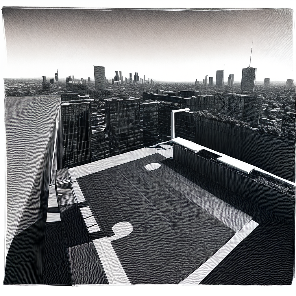 HELIPAD ON THE ROOFTOP. SKETCH STYLE. BLACK AND WHITE.