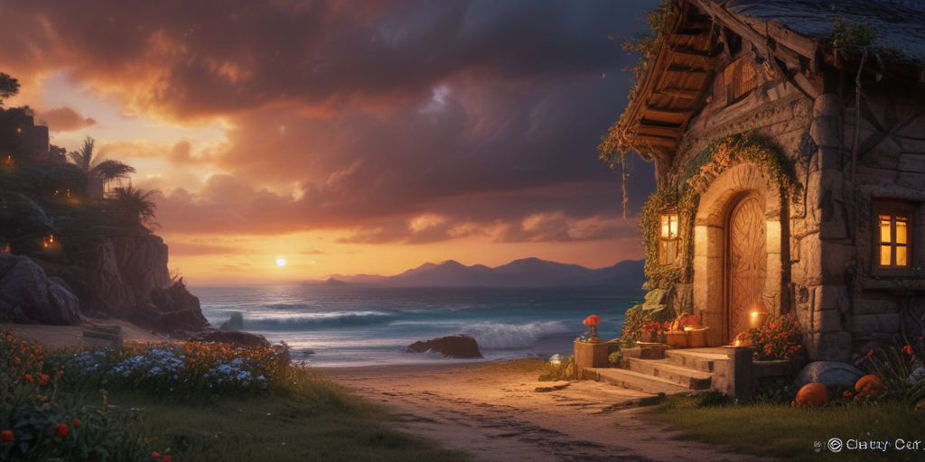 Enchanting Coastal Cottage at Sunset with Lush Surroundings and Serene ...