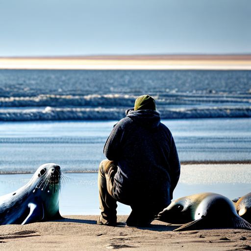 a person telling a story to 3 seals