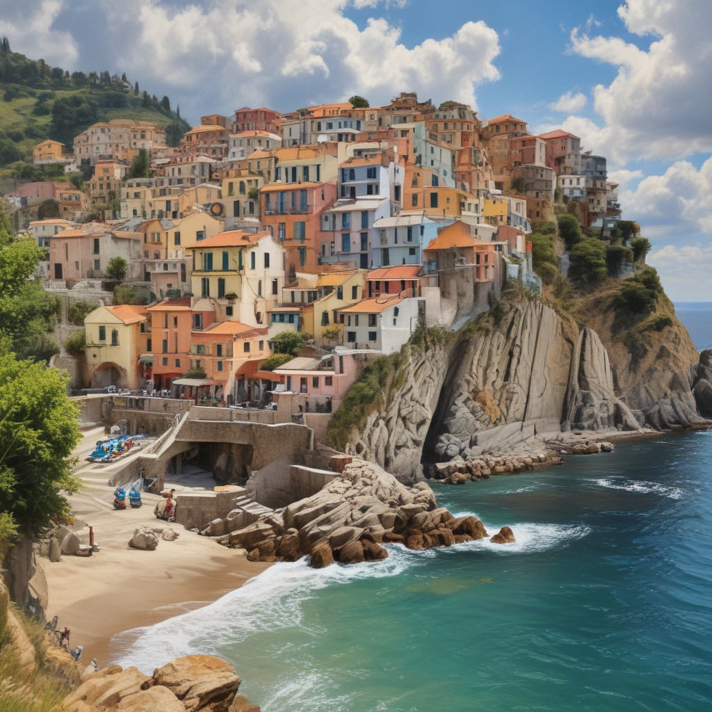 Italian cliff side town with sea in front. Very colourful. Details ...