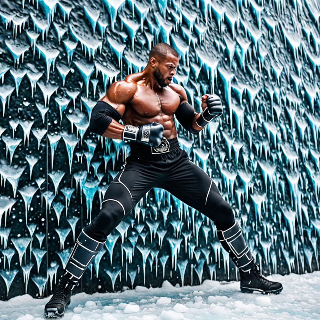 a muscular man in ice armor punching an ice wall