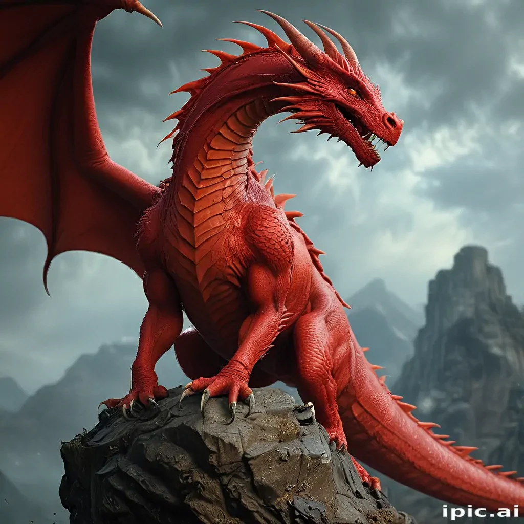 Majestic Red Dragon Perched on a Rocky Outcrop Against Dramatic Mountains.