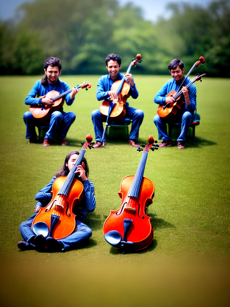 four frogs playing music, three of them pay guitar and one pays violin ...