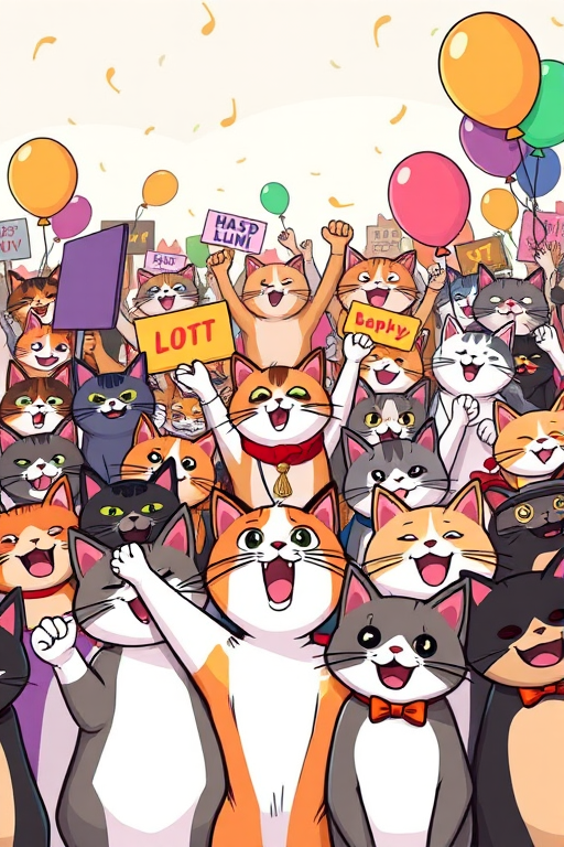 Create an illustration of a vibrant cat-themed concert scene with a ...
