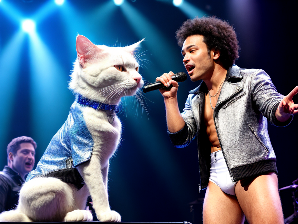 white cat in a shiny jacket singing into a microphone on a stage