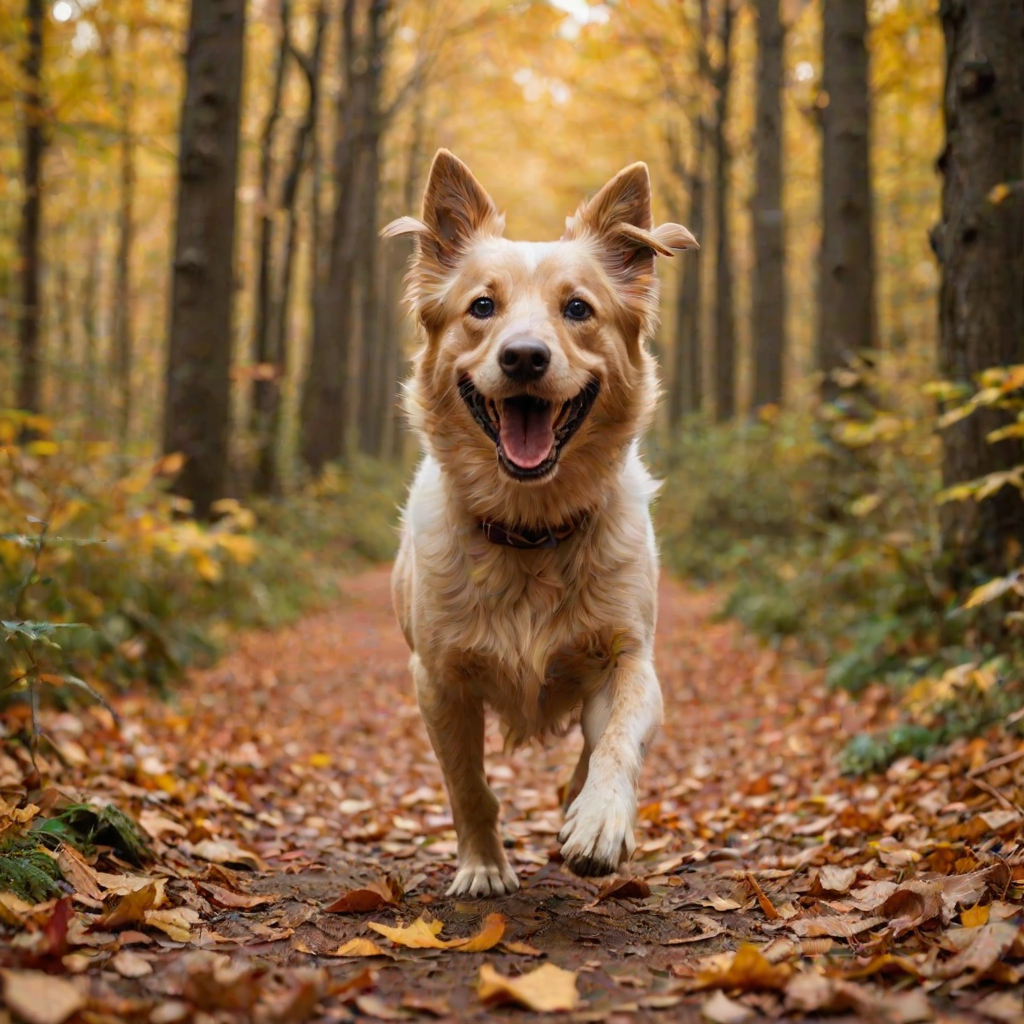 A Happy Dog Joyfully Running Through a Colorful Autumn Forest Path.