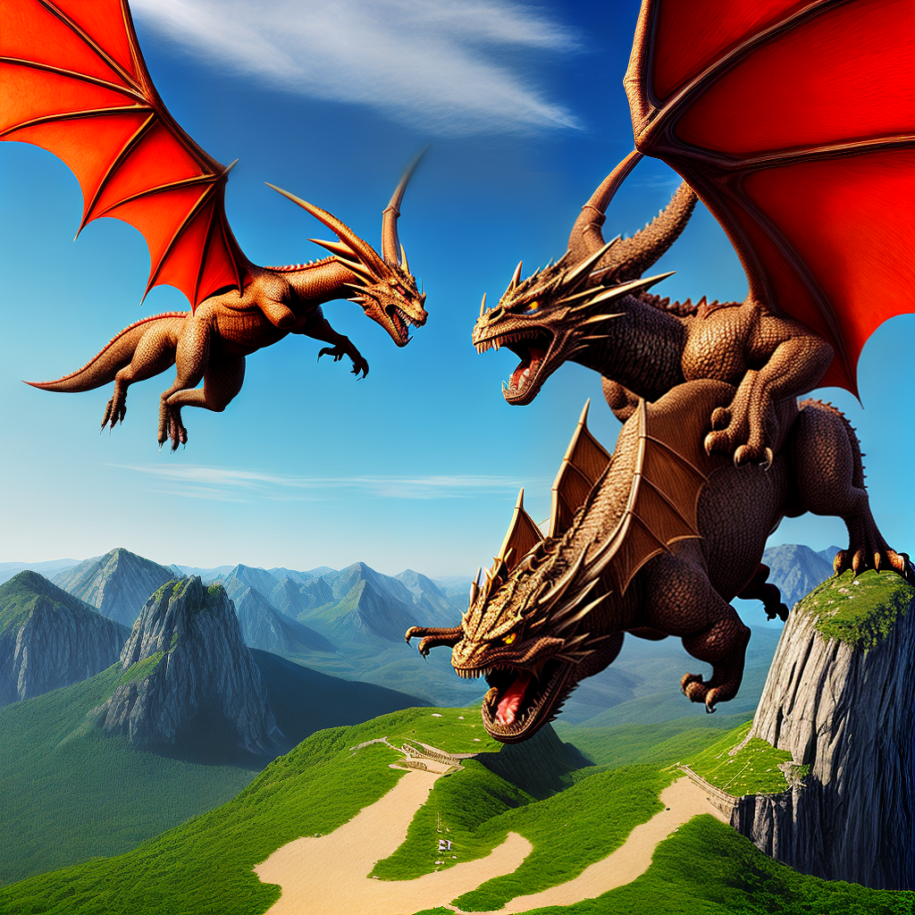 A dragon on a mountaintop swooping onto a knight as an oil painting