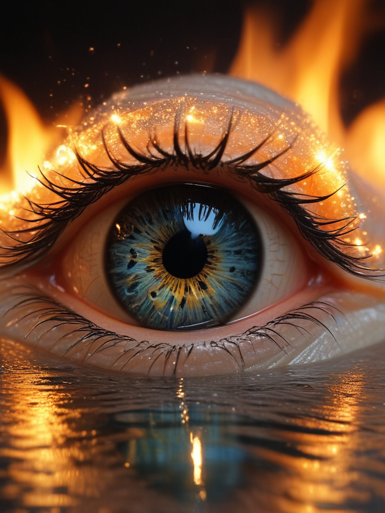 Captivating Eye Surrounded by Enchanting Flames and Sparkling Reflections