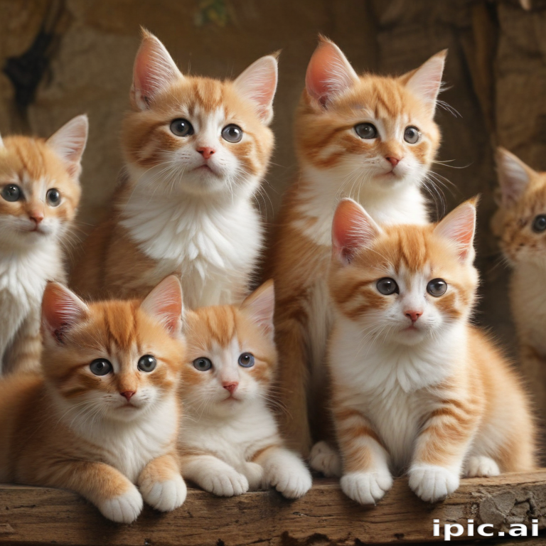 A Charming Gathering of Adorable Orange and White Kittens Posing Together.