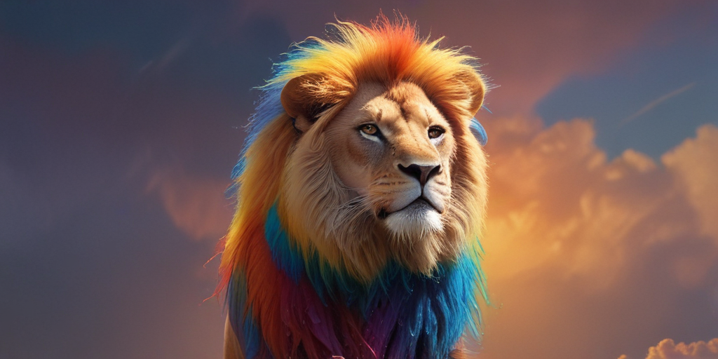 A Majestic Lion with a Vibrant Rainbow Mane Against a Dramatic Sky