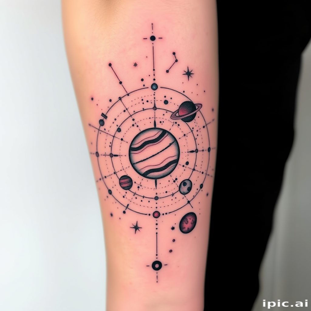 Celestial Tattoo Featuring Planets and Orbital Designs on a Forearm