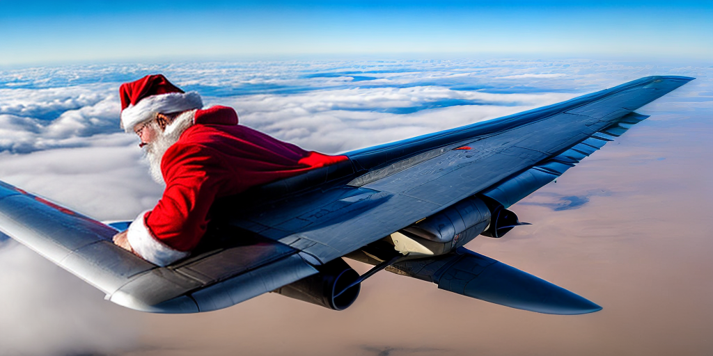 santa claus on an airplane wing