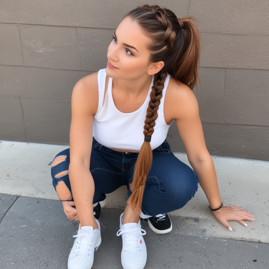 european, dark brown hair, black stretchy headband, two medium length ...