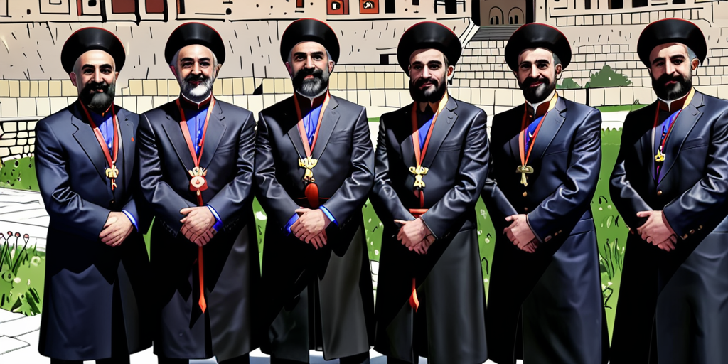 Group of Six Men in Traditional Attire Posing Together Outdoors